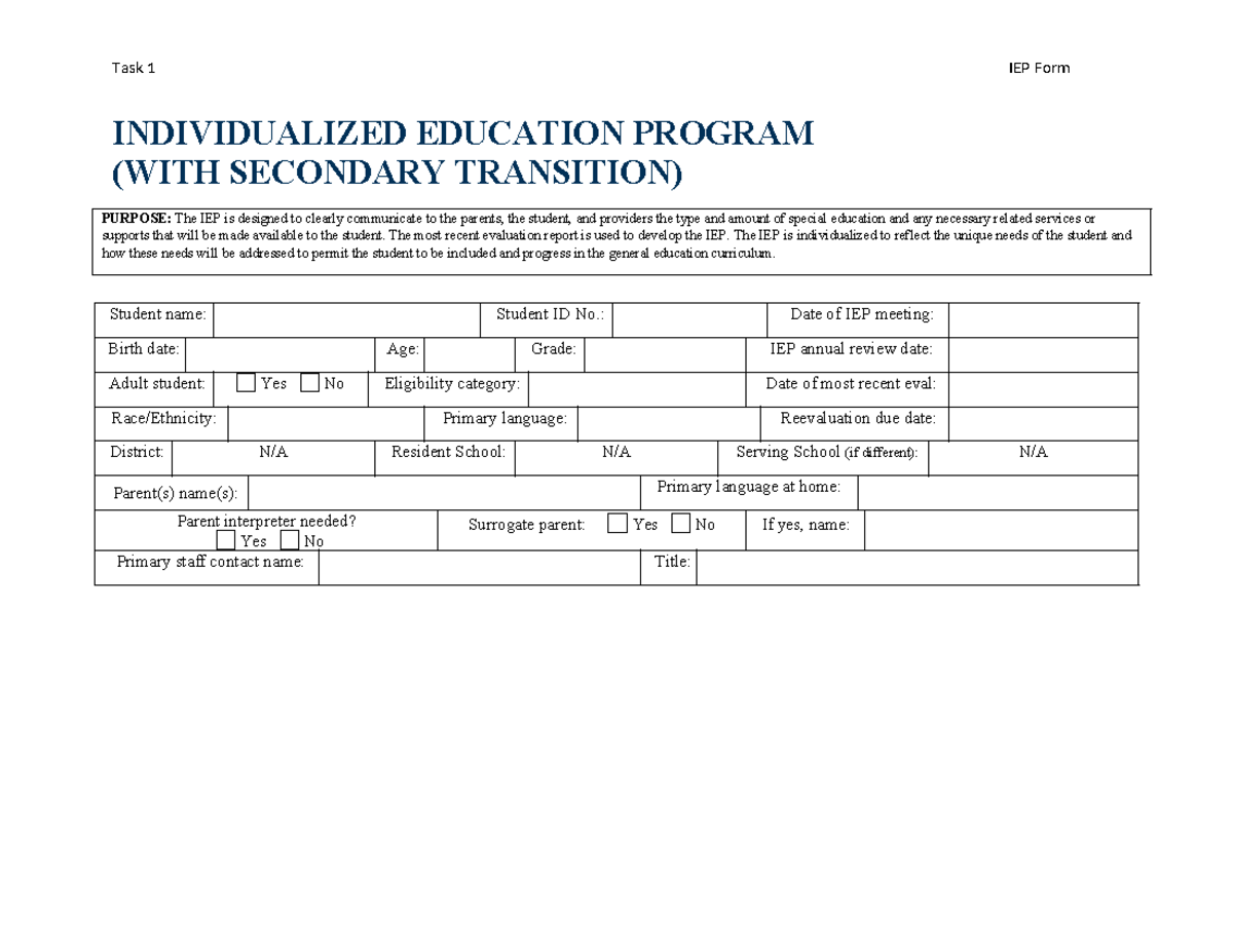 IEP Form for D004 Task 1 - Passed first try, no revisions needed ...