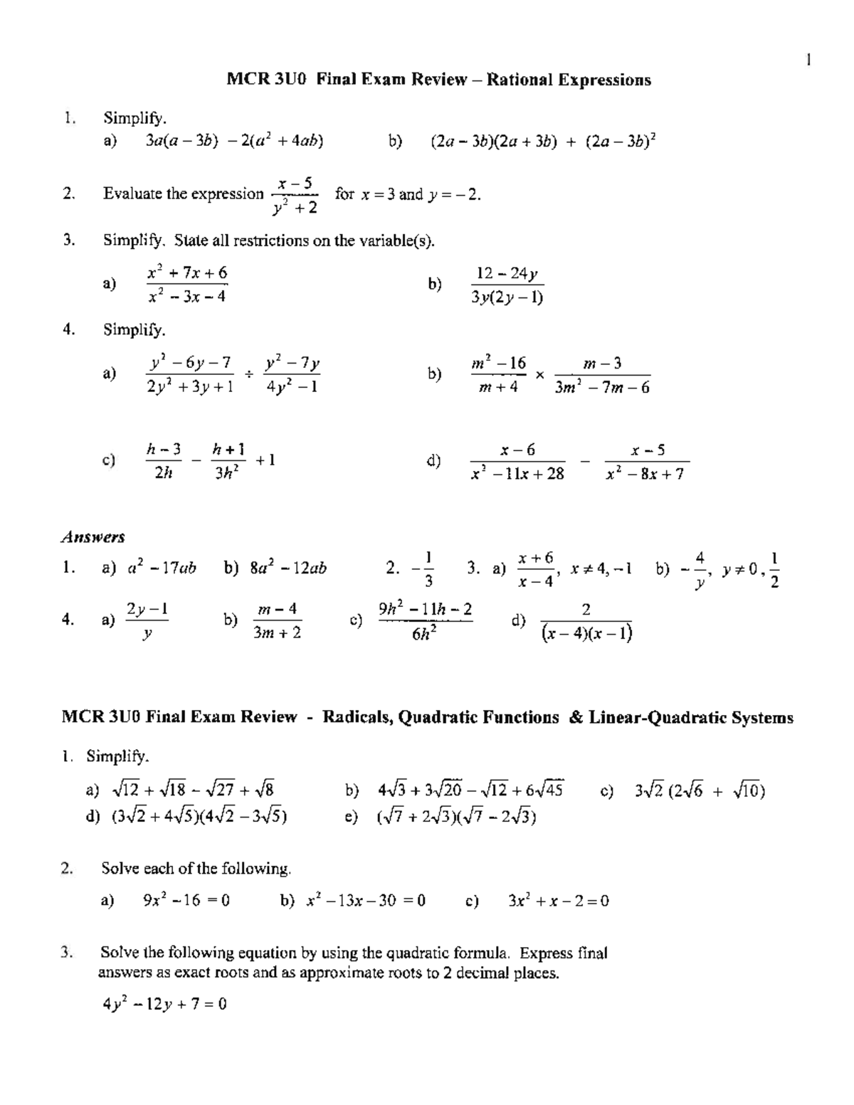 MCR 3U0 Final Exam Review: Rational Expressions & Quadratics - Studocu