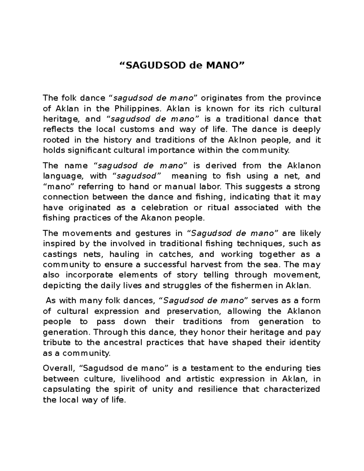 SAGUDSOD de MANO: Cultural Significance of Aklan's Folk Dance - Studocu