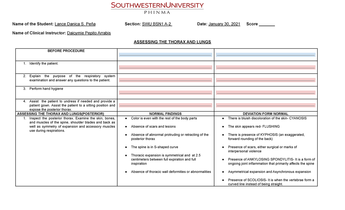 Activity #3: Thorax & Lungs Assessment Guide for NURSING HEALTH ...