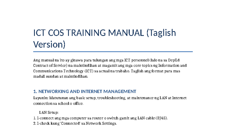 ICT COS Training Manual: Taglish Version for ICT Personnel - Studocu