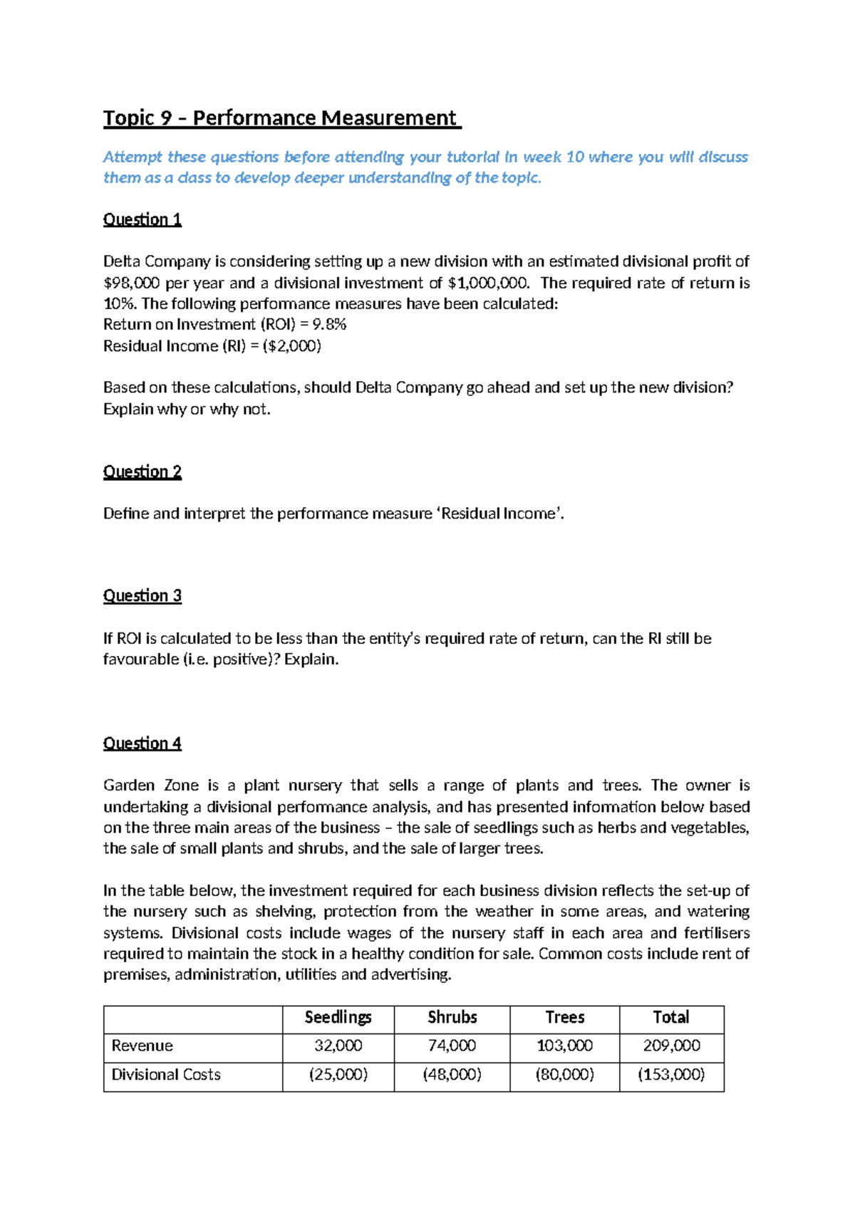 Topic 9 Tutorial Exercises: Performance Measurement Analysis and ...