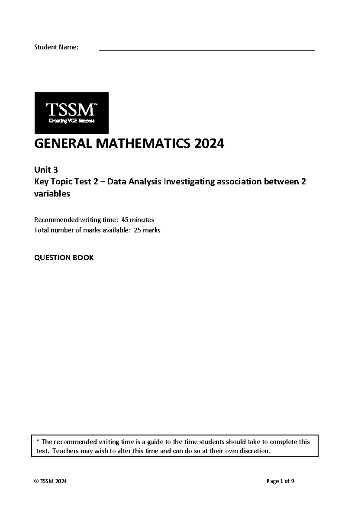 General Maths 2024 Unit 3 KTT 2 - Data Analysis & Variables - Studocu