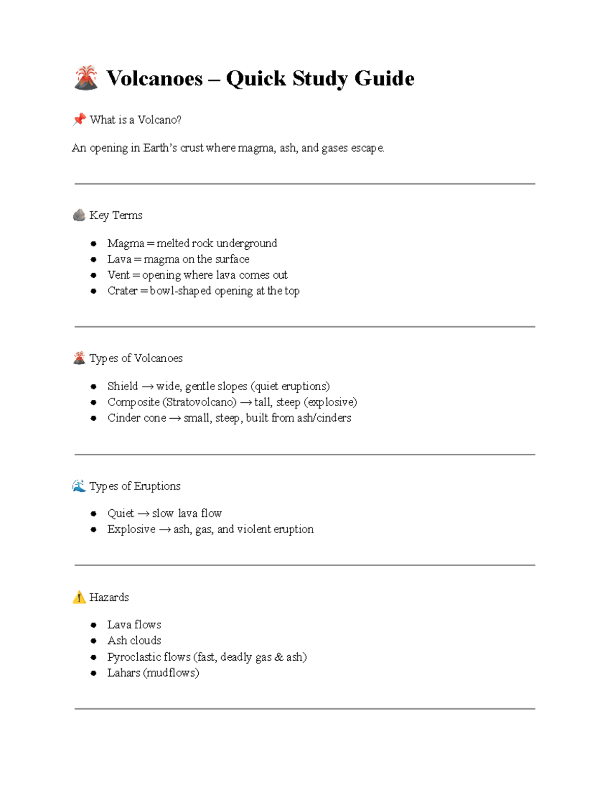 Volcanoes (GEOL 101) Quick Study Guide: Types, Eruptions & Hazards ...