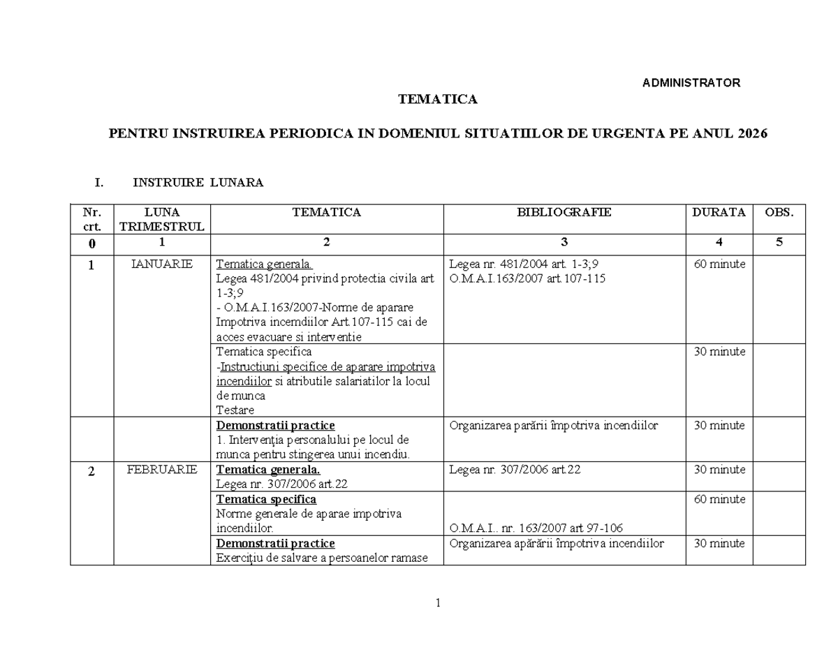 Tematica Instruire Situatii de Urgenta SU 2026 - Studocu