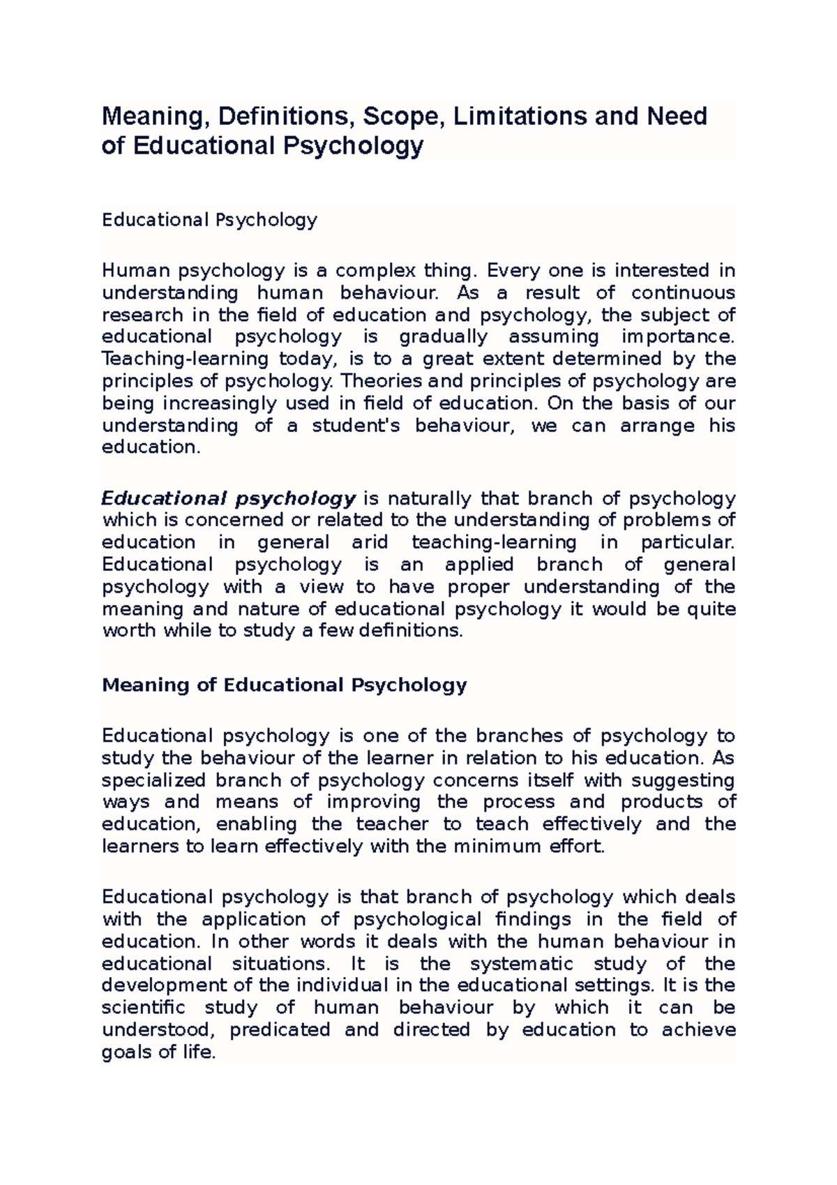 Meaning, Definitions, Scope, Limitations and Need of Educational ...