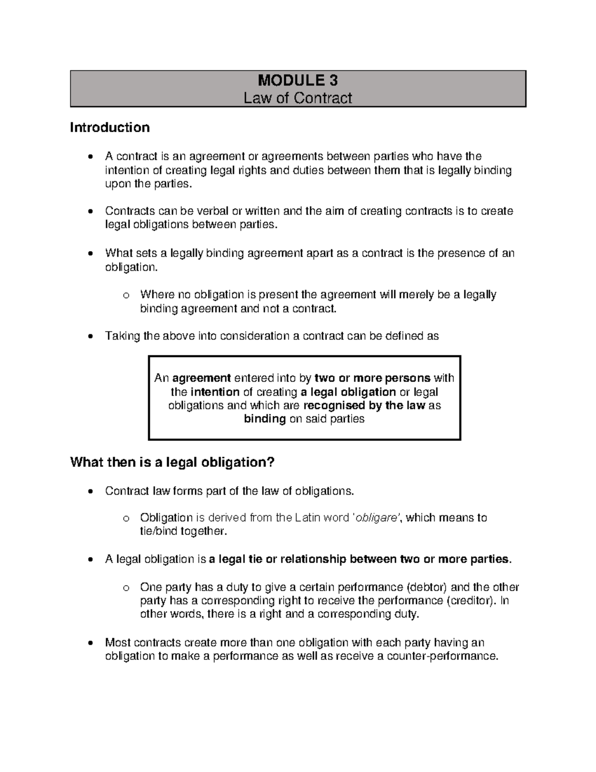 Module 3 - Law of Contract - MODULE 3 Law of Contract Introduction • A ...