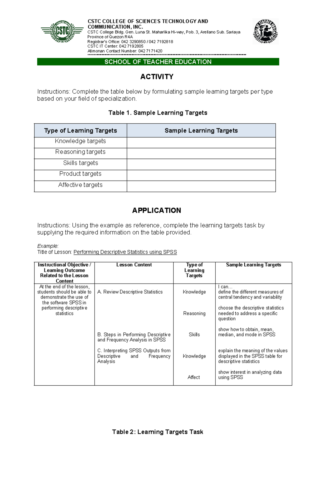 Lesson 4 Tasks - Sample Learning Targets and Types of Learning Targets ...