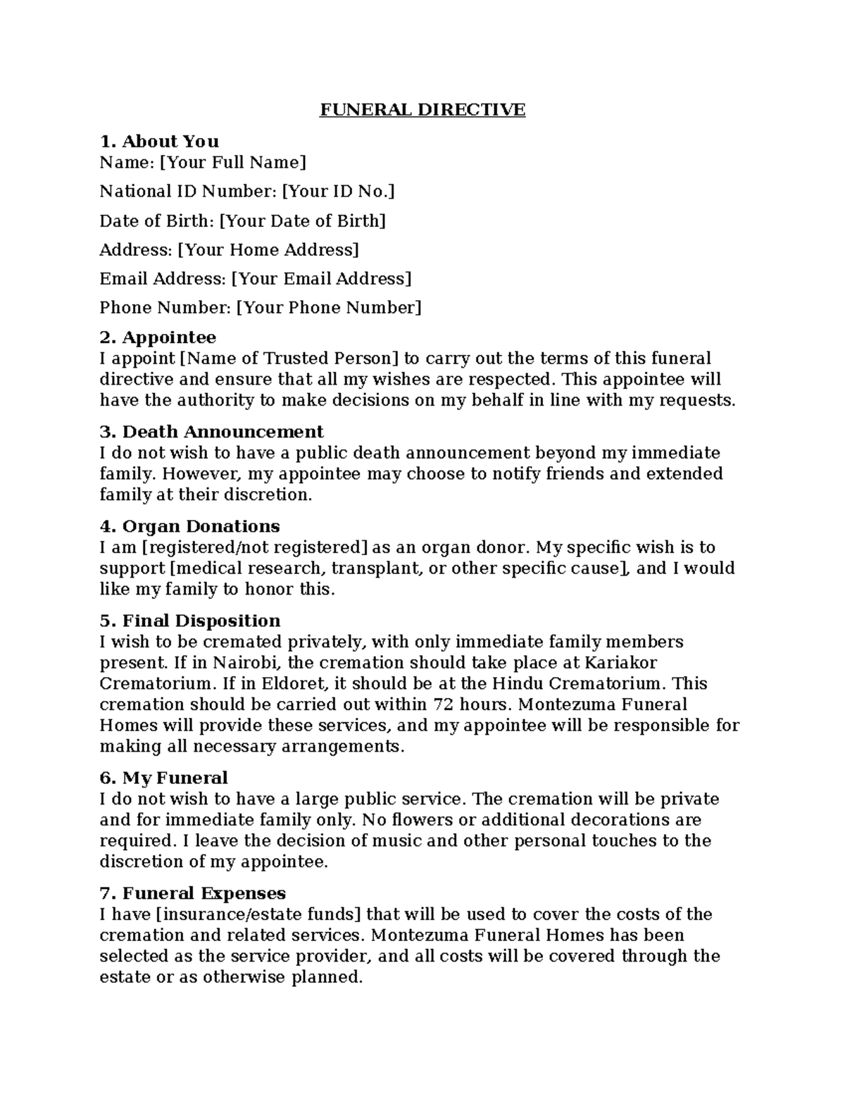 Funeral Directive: Personal Wishes for Final Arrangements - Studocu