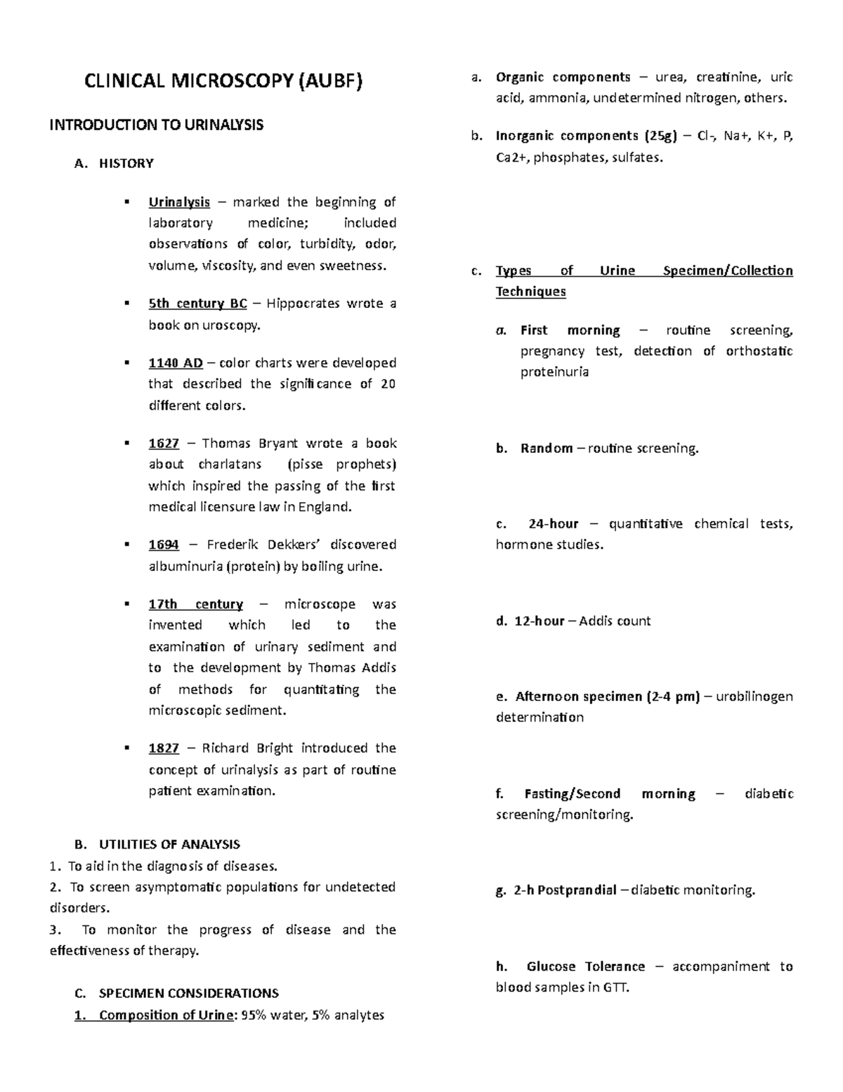 Clinical Microscopy Lecture Notes 1: Urinalysis Fundamentals - Studocu