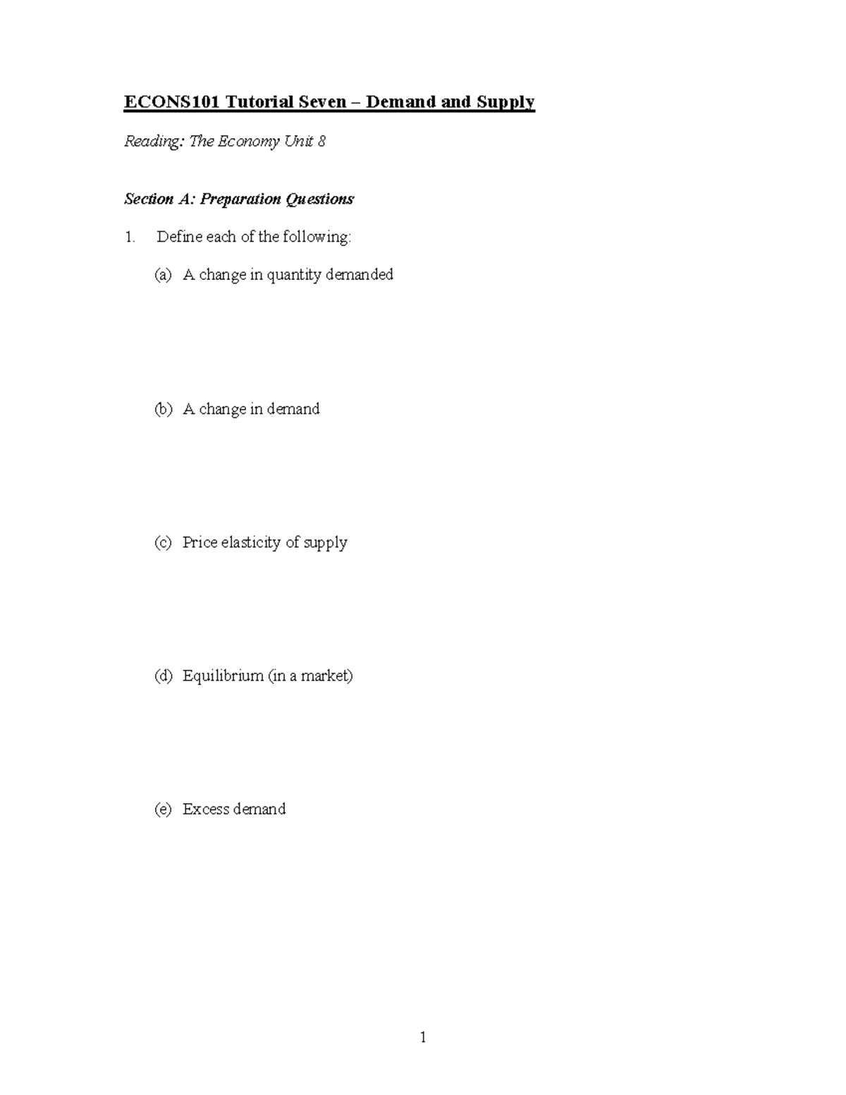ECONS101 Tutorial 07: Demand & Supply Concepts and Questions - Studocu