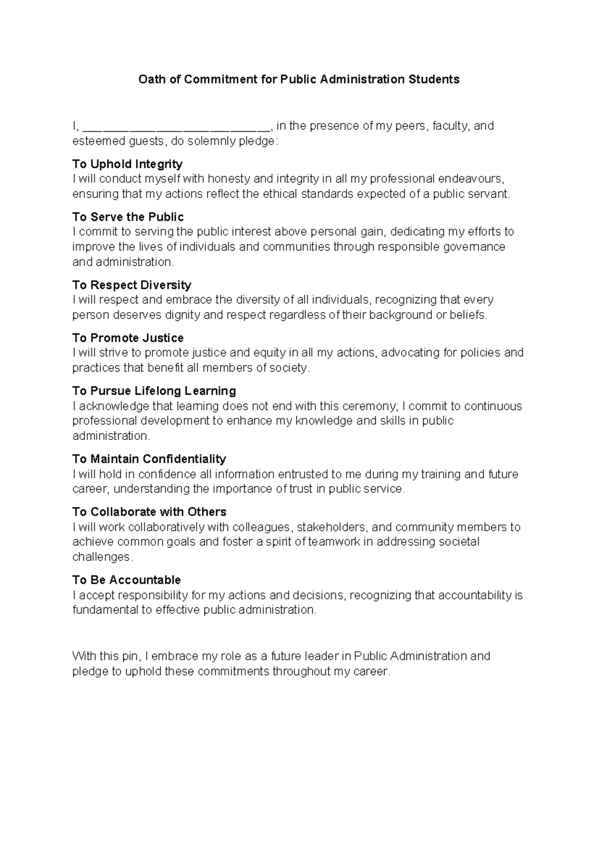 Oath for BPA students - Oath of Commitment for Public Administration ...