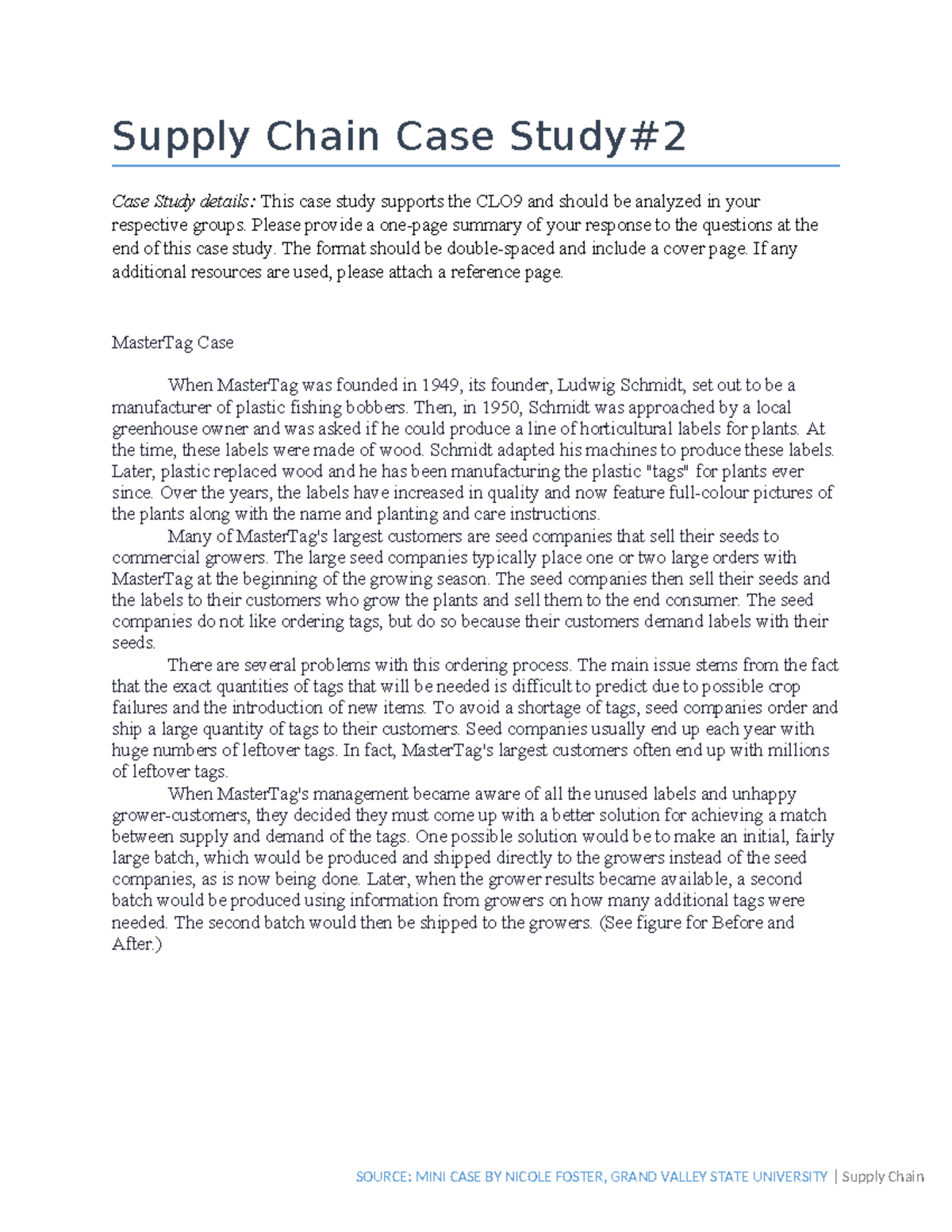 Supply Chain Case Study #2: MasterTag's Order Process Improvement - Studocu