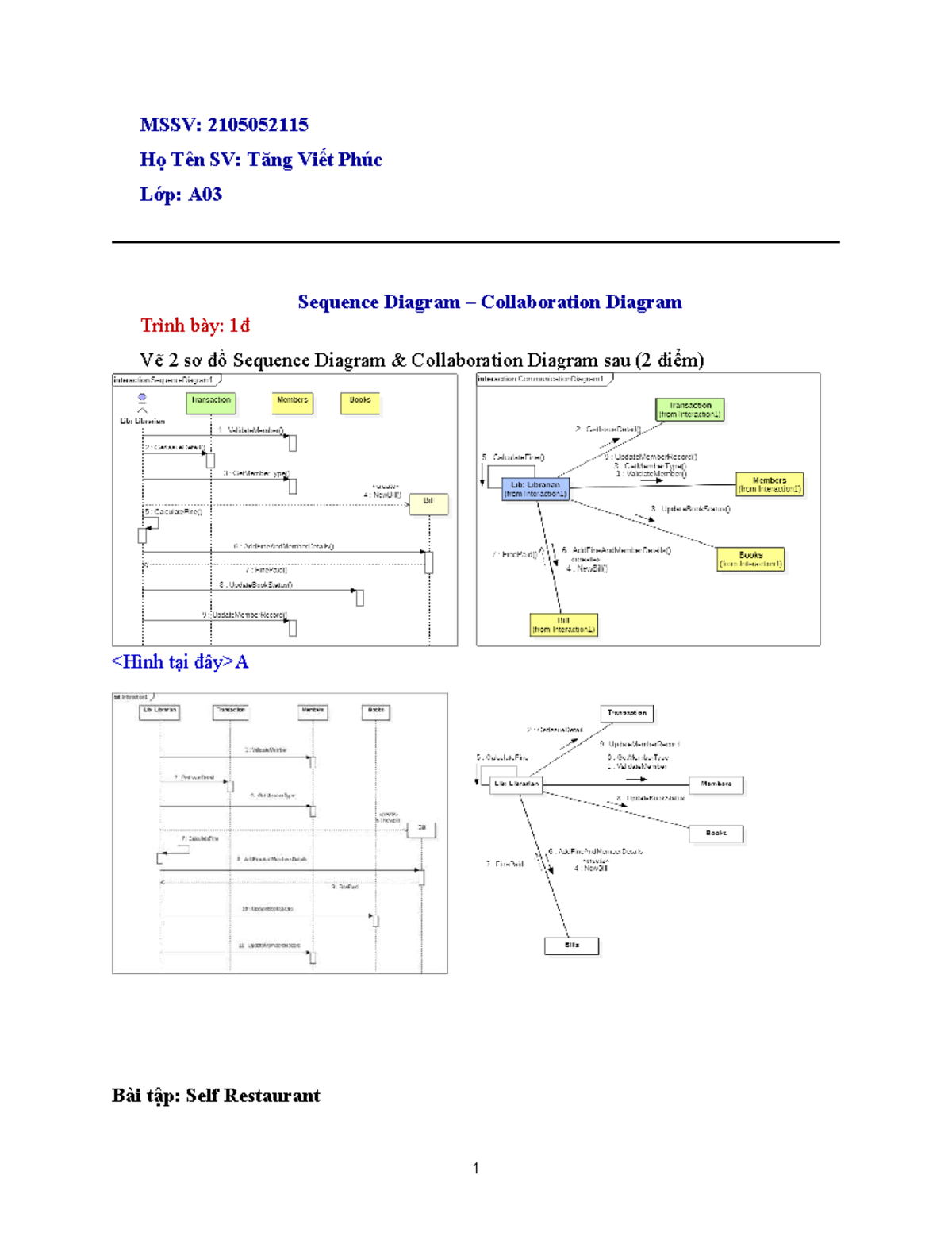 MSSV: 2105052115 A03 Sequence & Collaboration Diagrams for Self Restaurant - Studocu