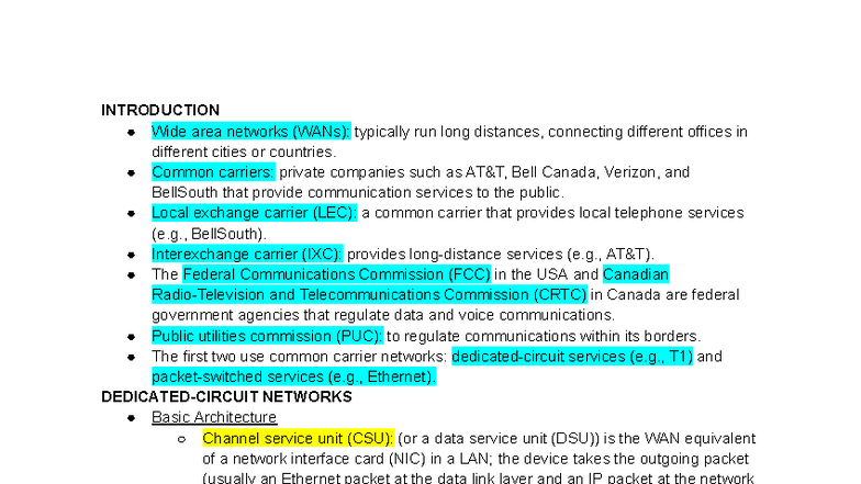 INSY 3303 Chapter 9 - Overview of Wide Area Networks (WANs) - Studocu