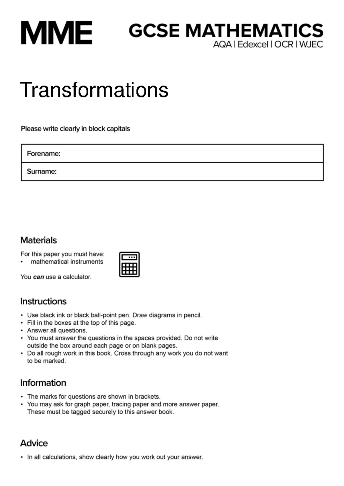 Transformations Questions MME: Translation, Reflection, and Enlargement ...