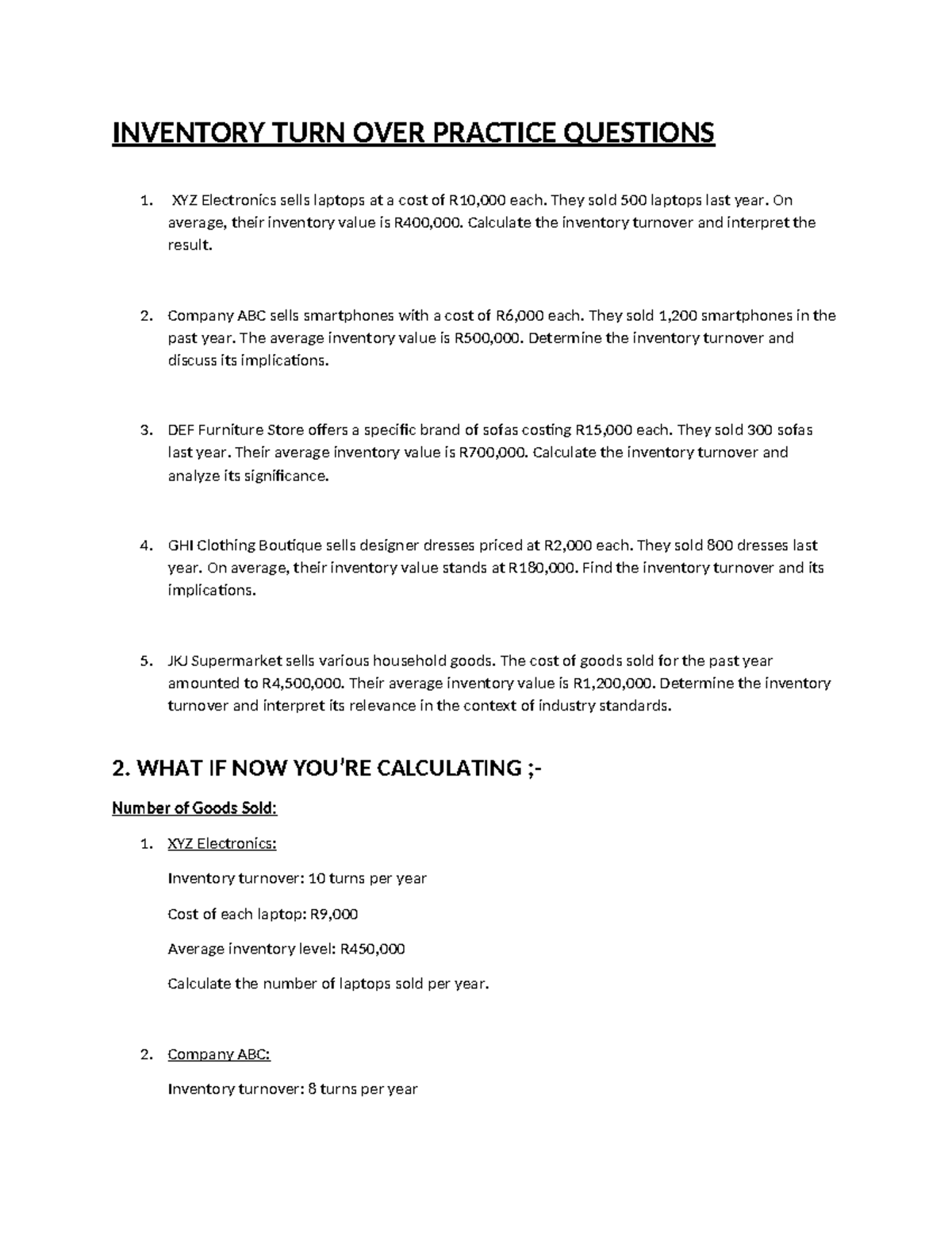 Inventory Turnover Practice Questions (FIN 101) - Studocu