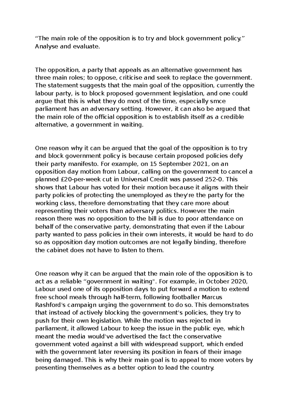 The Role of Opposition in Government Policy: Analysis & Evaluation ...