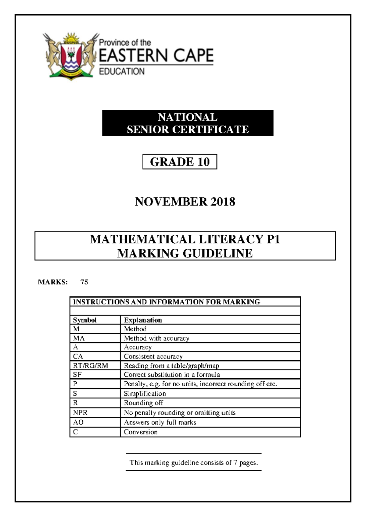 Mathematics Literacy Grade 10 P1 Memo - November 2018 Guidelines - Studocu