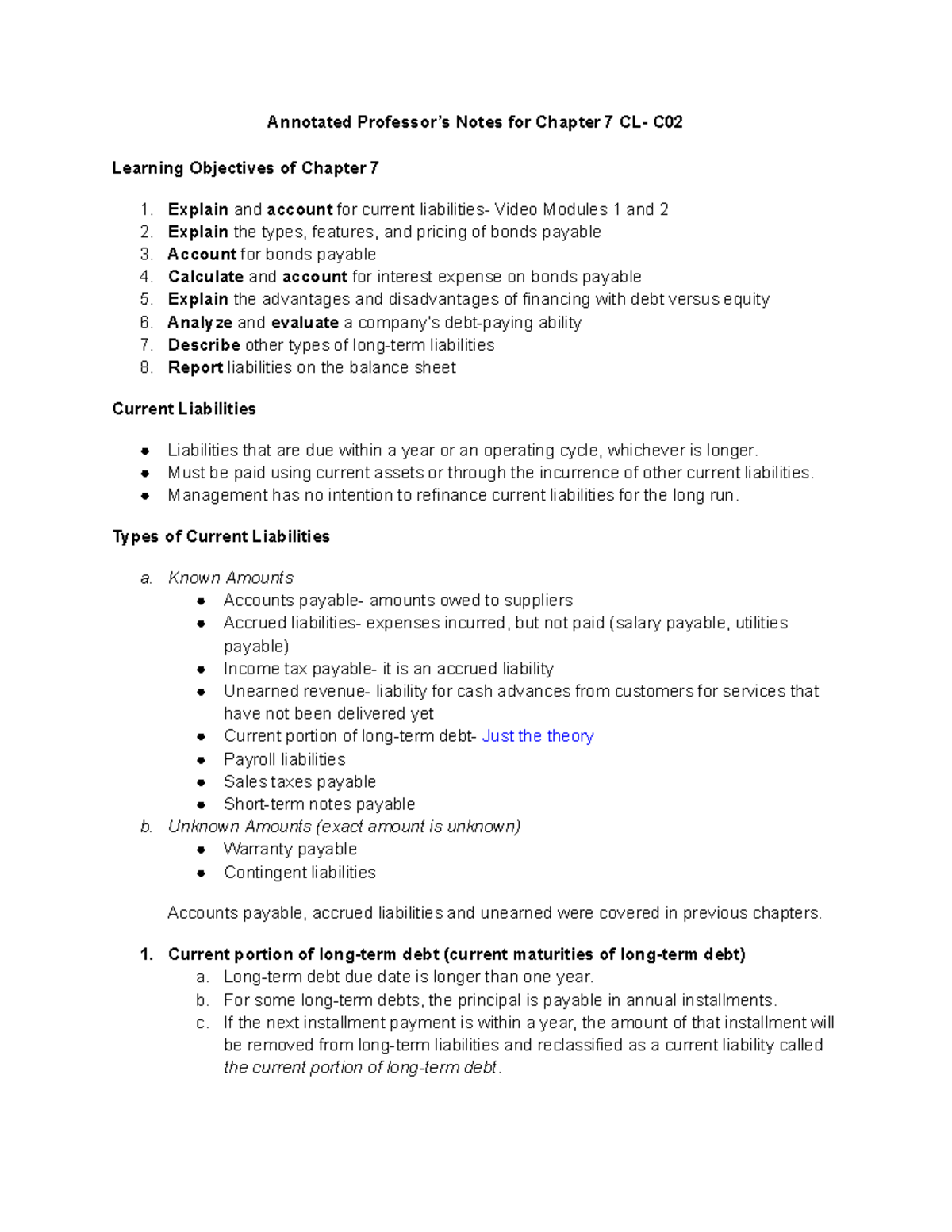 Annotated Notes for Chapter 7 CL-C02: Current Liabilities and Bonds ...