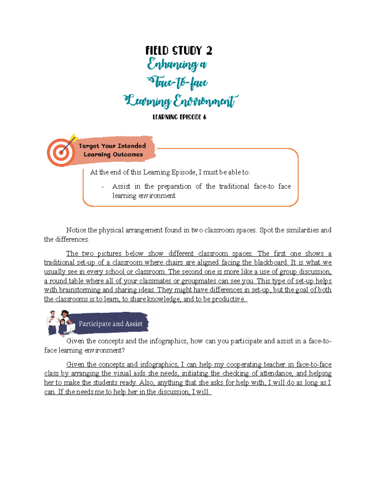 Field Study 2: Analyzing Classroom Spaces and Learning Environments ...