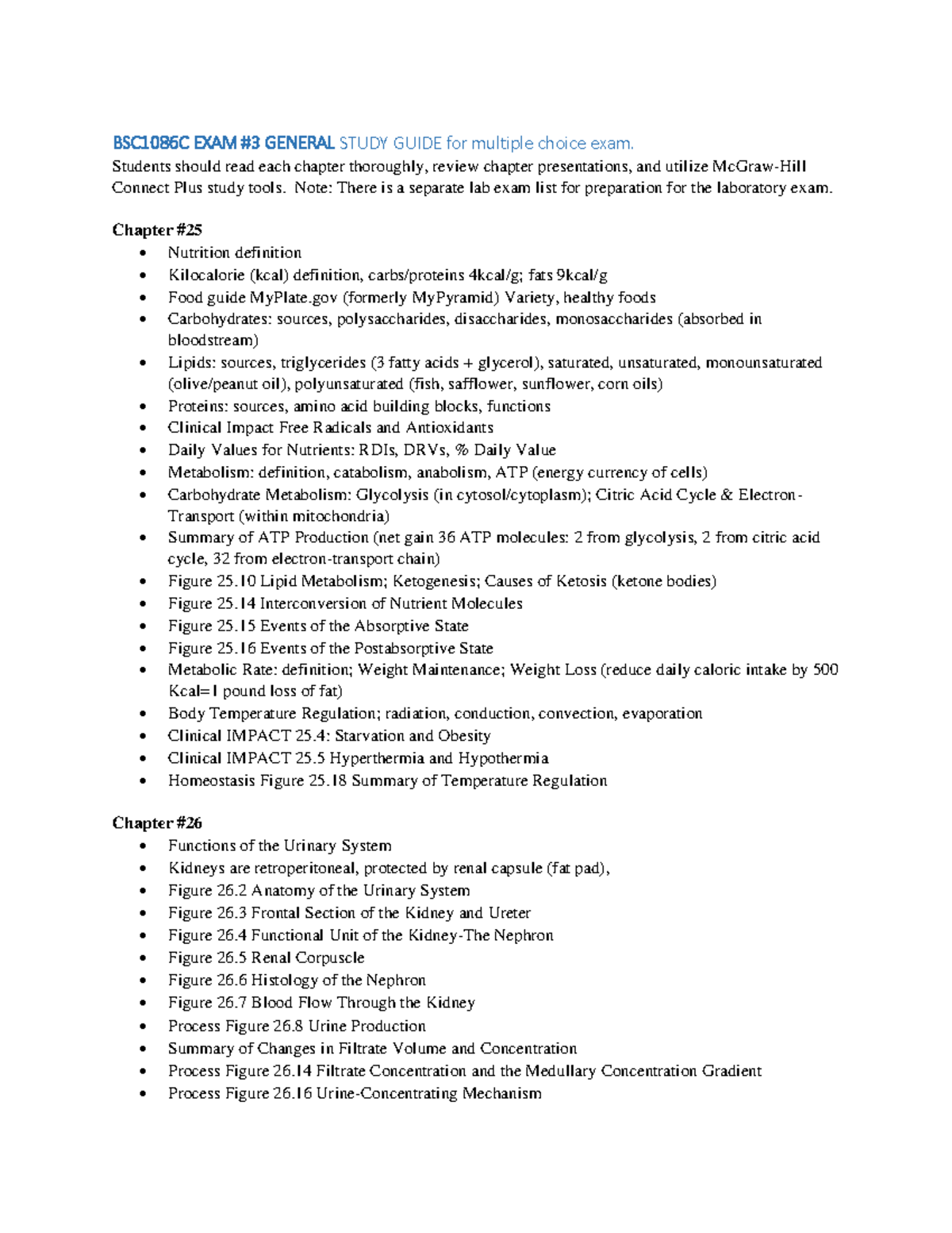 BSC1086C Exam #3 General Study Guide: Chapters 25-29 Overview ...
