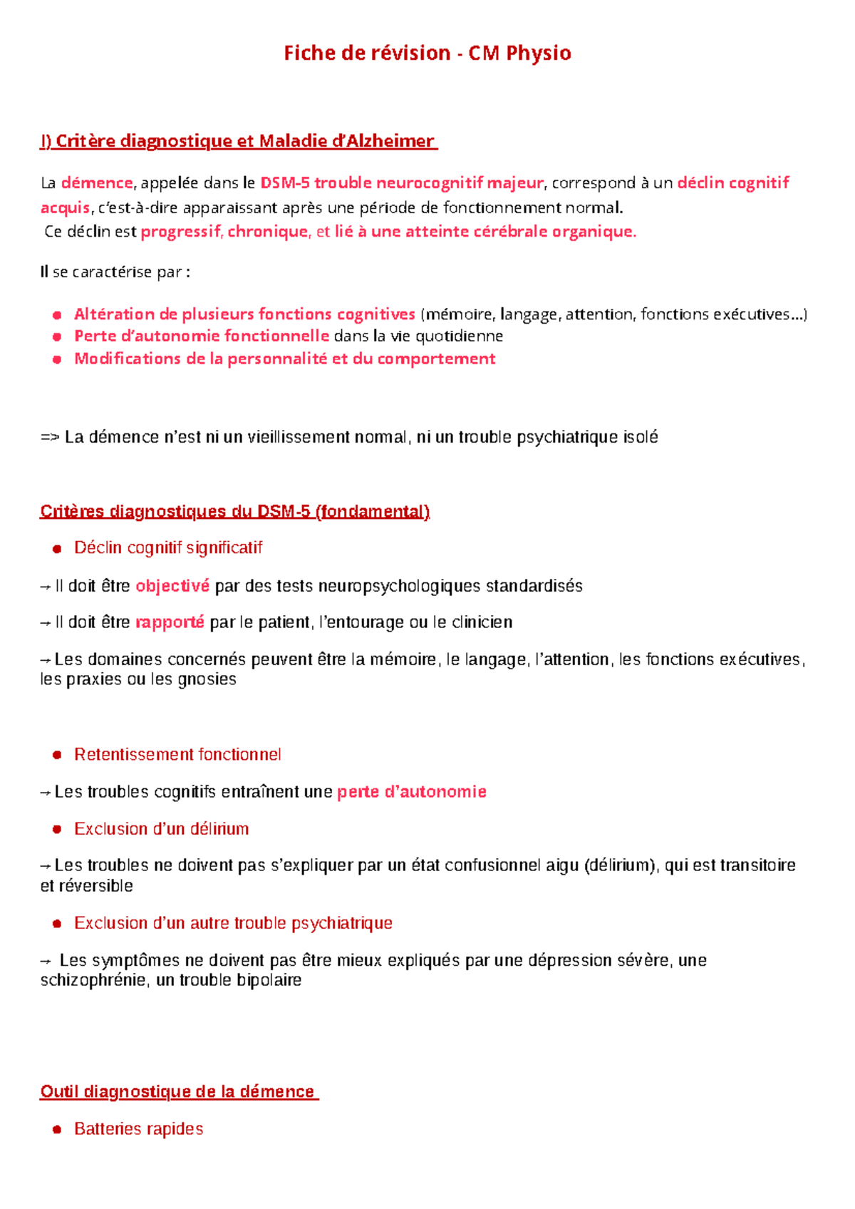 Fiche de Révision CM Physio I : Diagnostic et Physiopathologie de la ...