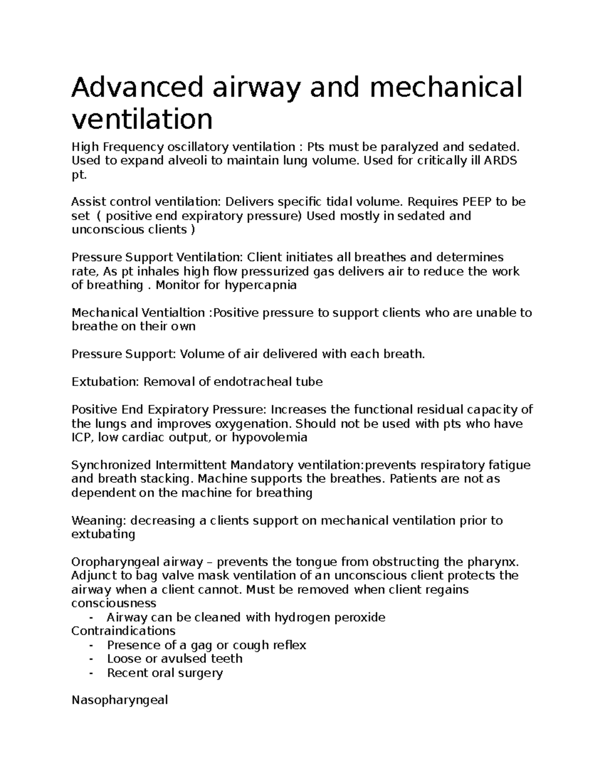 Advanced Airway Management and Mechanical Ventilation Notes (MED 301 ...