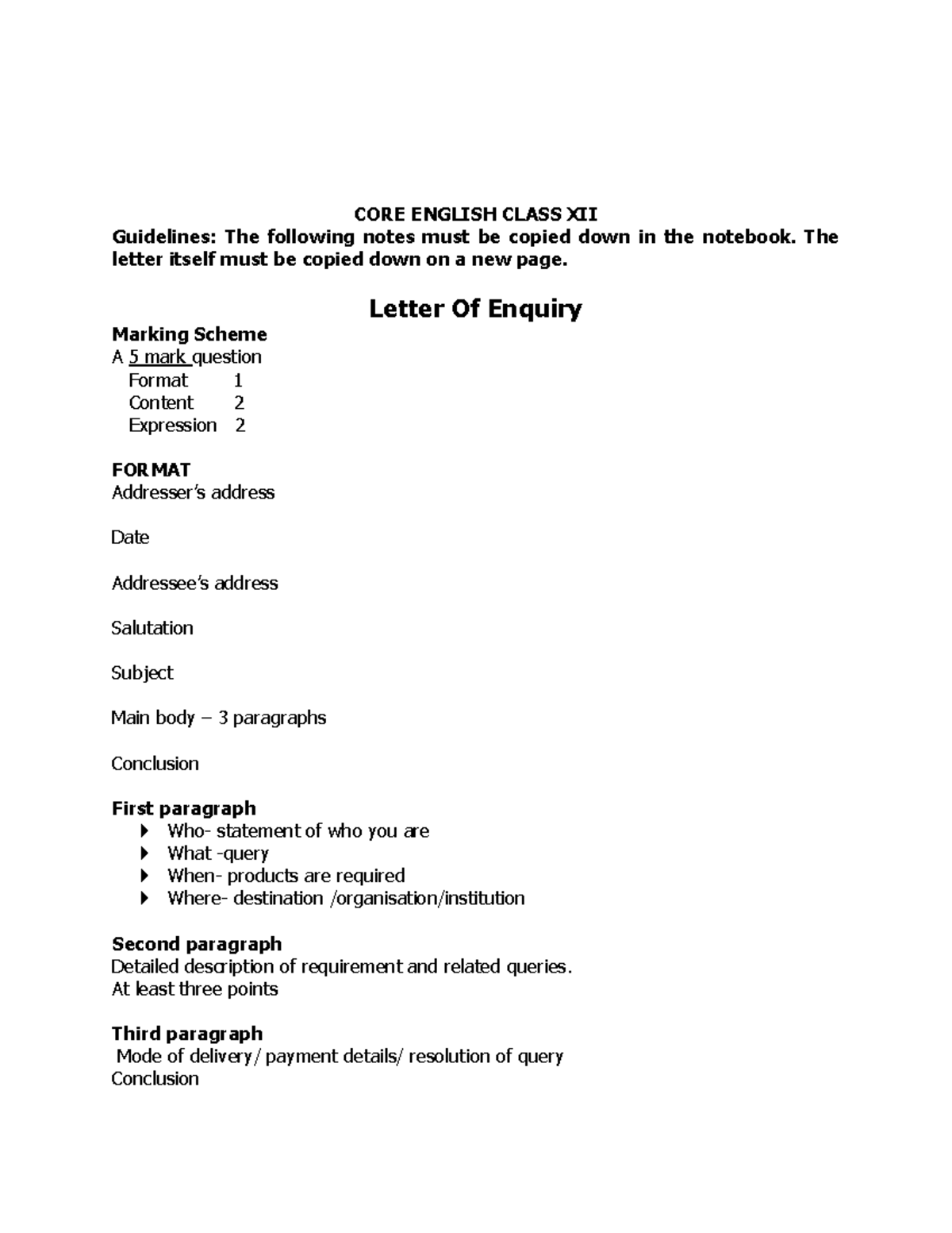 CORE ENGLISH CLASS XII: Letter of Enquiry Guidelines and Example - Studocu