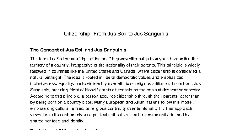 Citizenship Evolution: From Jus Soli to Jus Sanguinis Analysis - Studocu