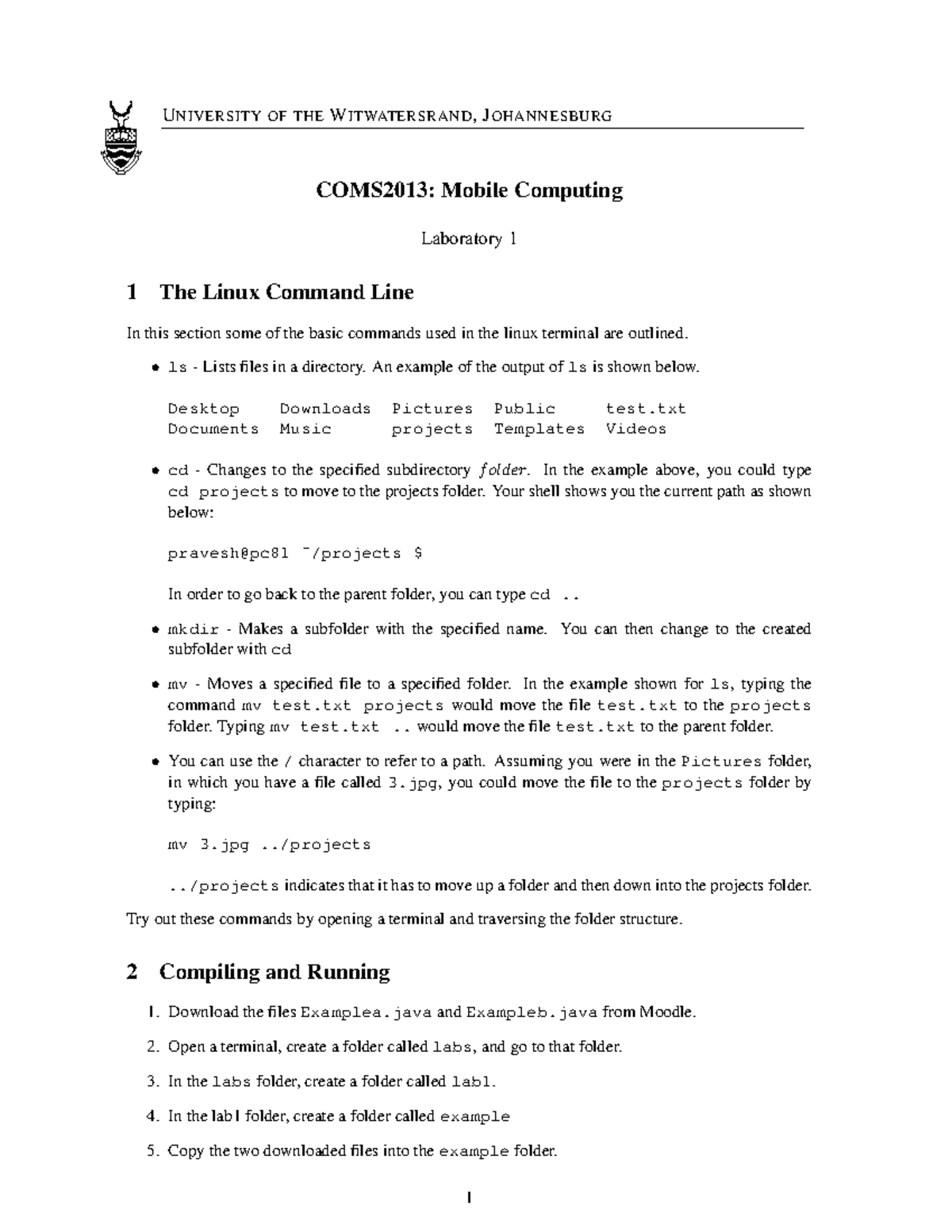 COMS2013: Mobile Computing Lab 1 - Linux Commands & Java Basics - Studocu