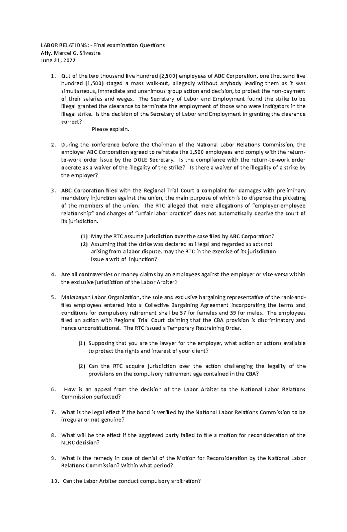 Labor LAWS Examination Questions - LABOR RELATIONS: - Final examination ...