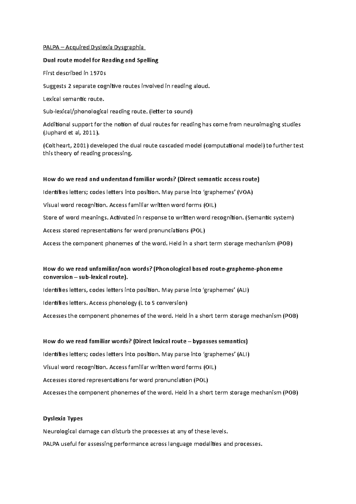 PALPA Insights on Acquired Dyslexia: Routes and Treatment Strategies ...