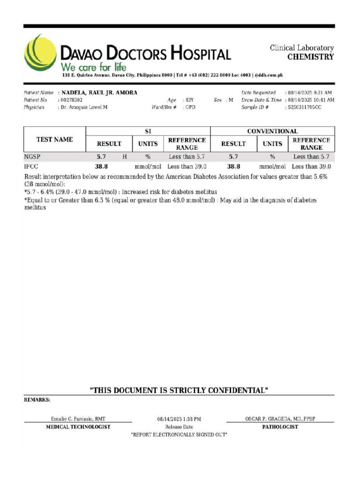 DAVAO DOCTORS HOSPITAL Clinical Laboratory Report for RAUL JR. AMORA ...