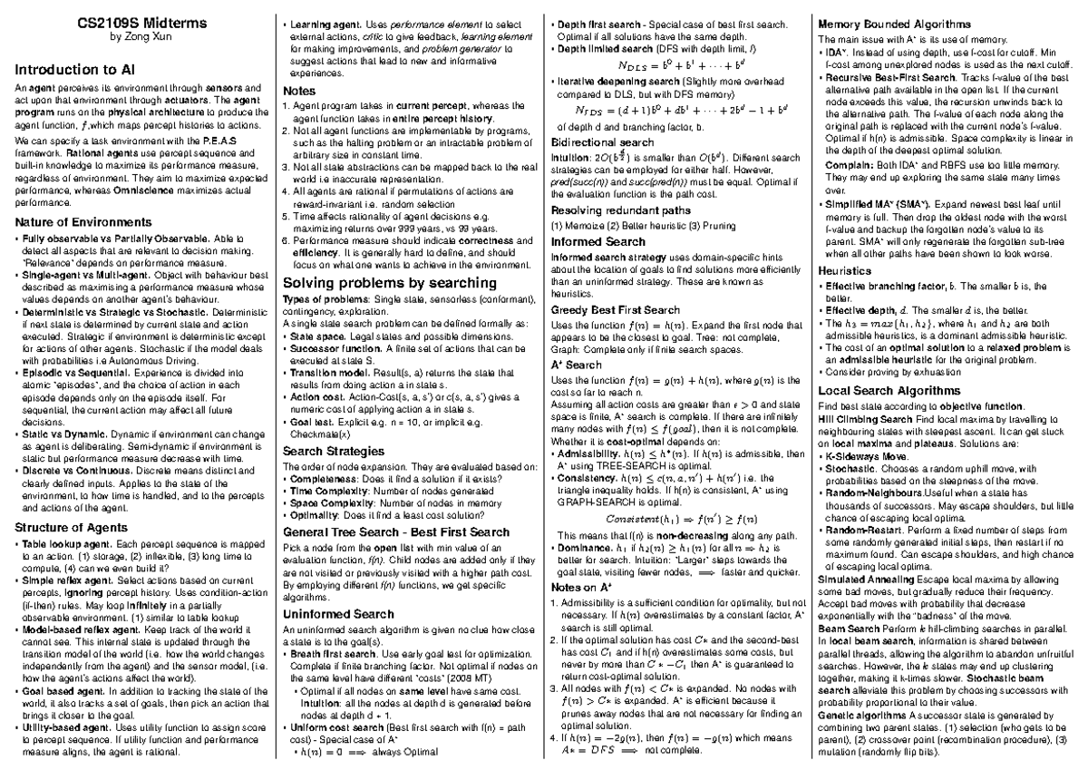 CS2109s Midterms Cheatsheet - CS2109S Midterms by Zong Xun Introduction to AI An agent perceives ...