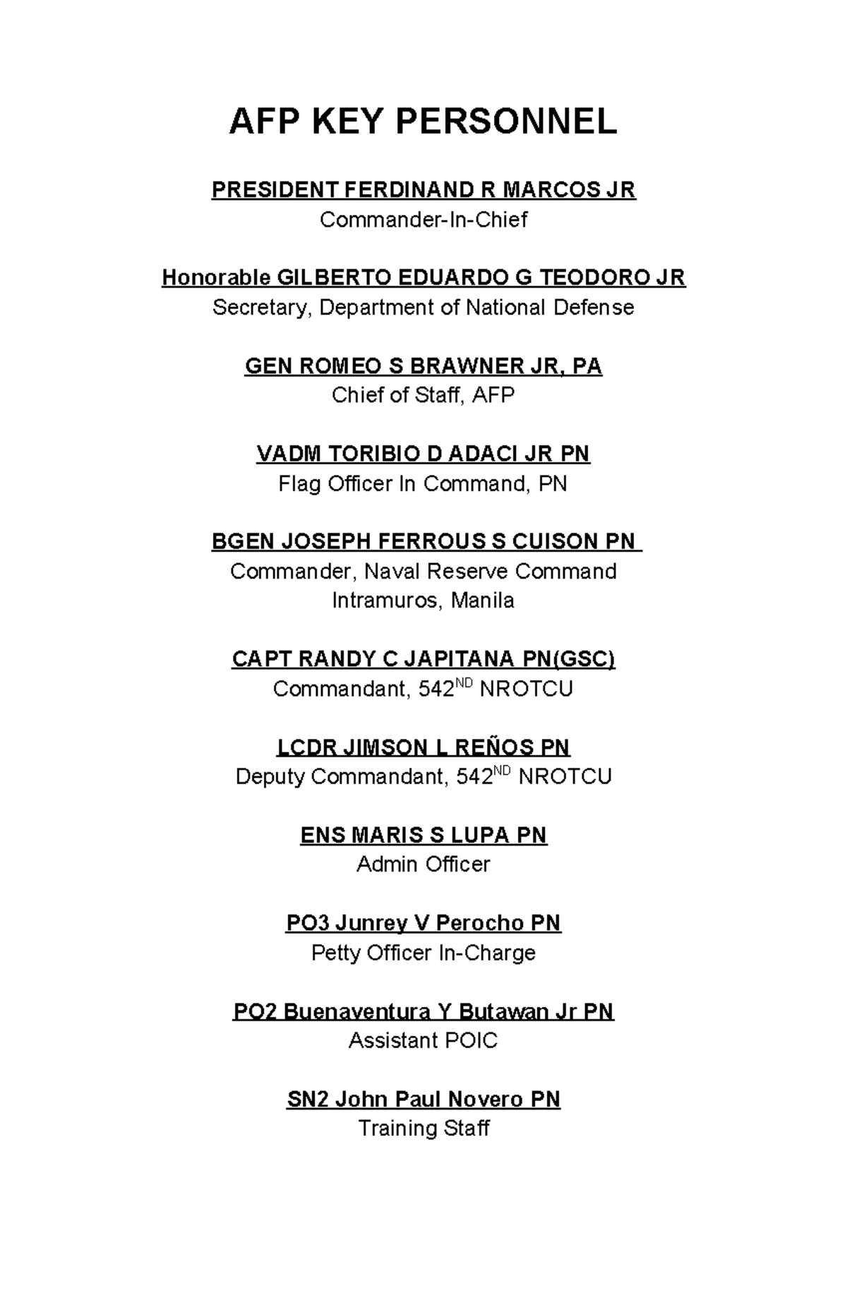 AFP-KEY- Personnel - notes - AFP KEY PERSONNEL PRESIDENT FERDINAND R ...