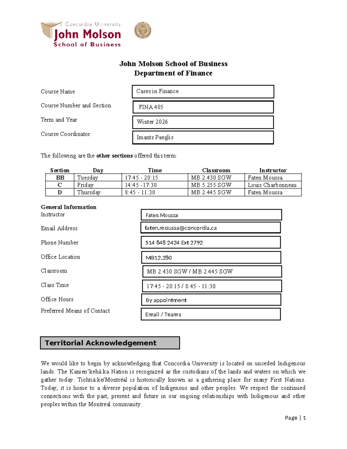 FINA 405 Winter 2026 Course Outline: Cases in Finance - Studocu