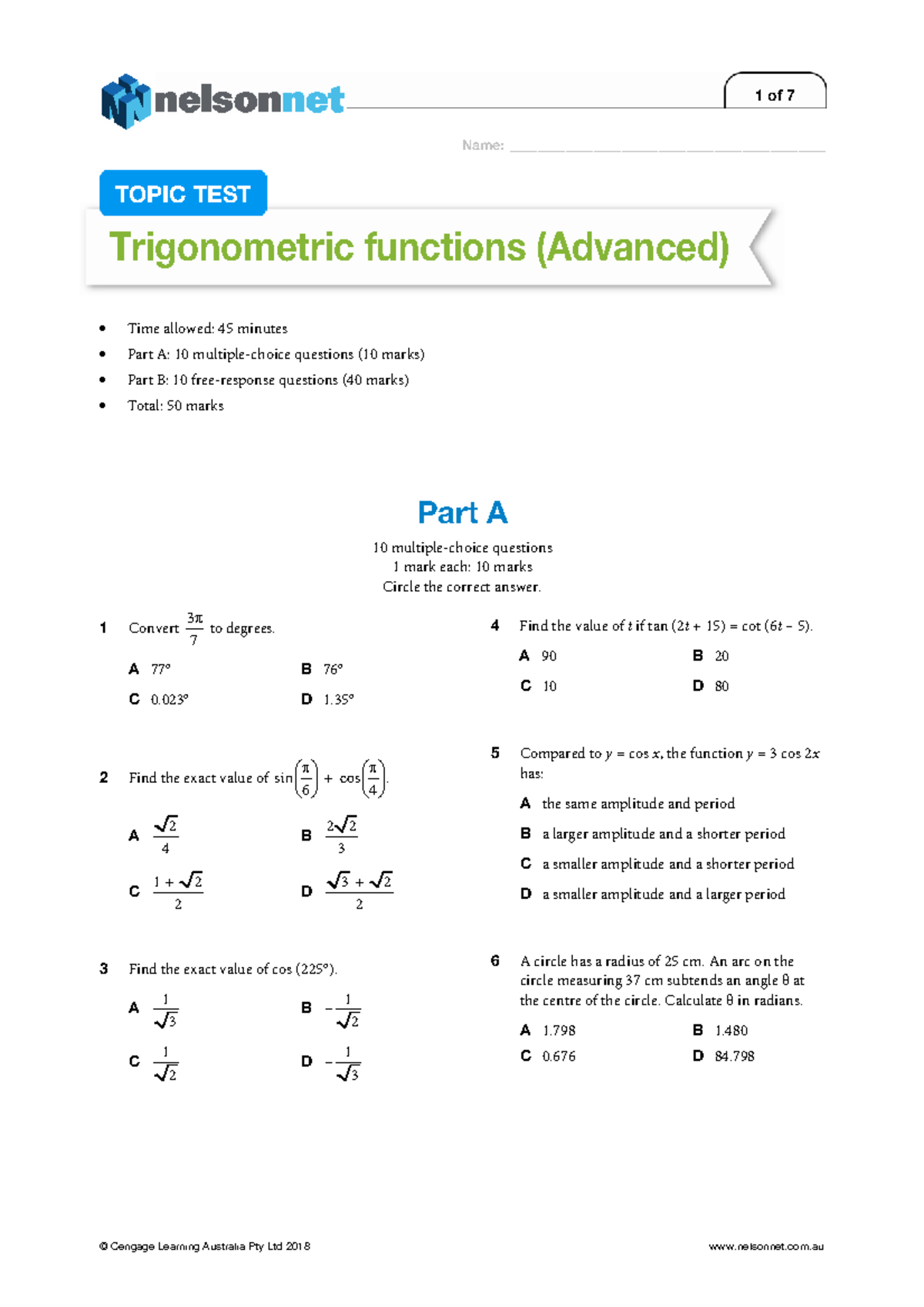 Year 11 Trigonometry Test - Advanced Functions and Problems - Studocu