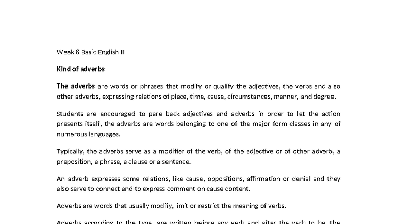 Week 8 Basic English II - Understanding Types of Adverbs - Studocu