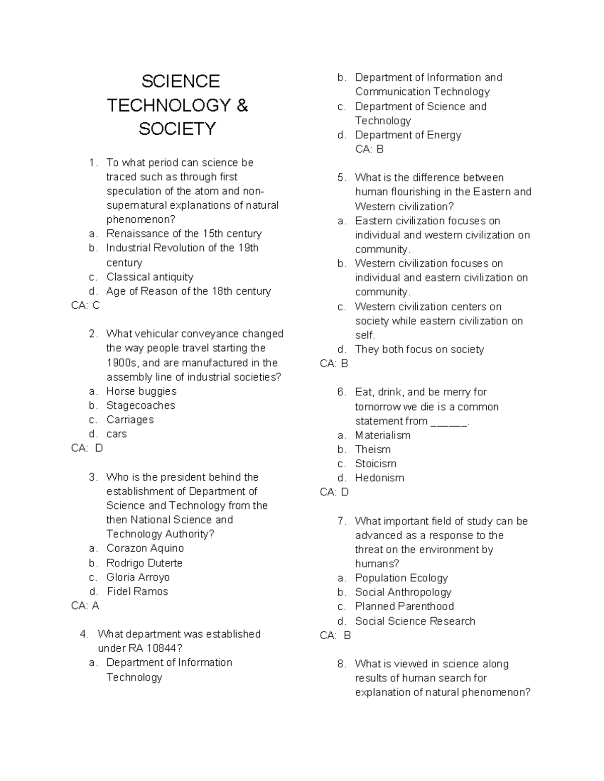 STS Sample Test Questions - Science, Technology, and Society - Studocu