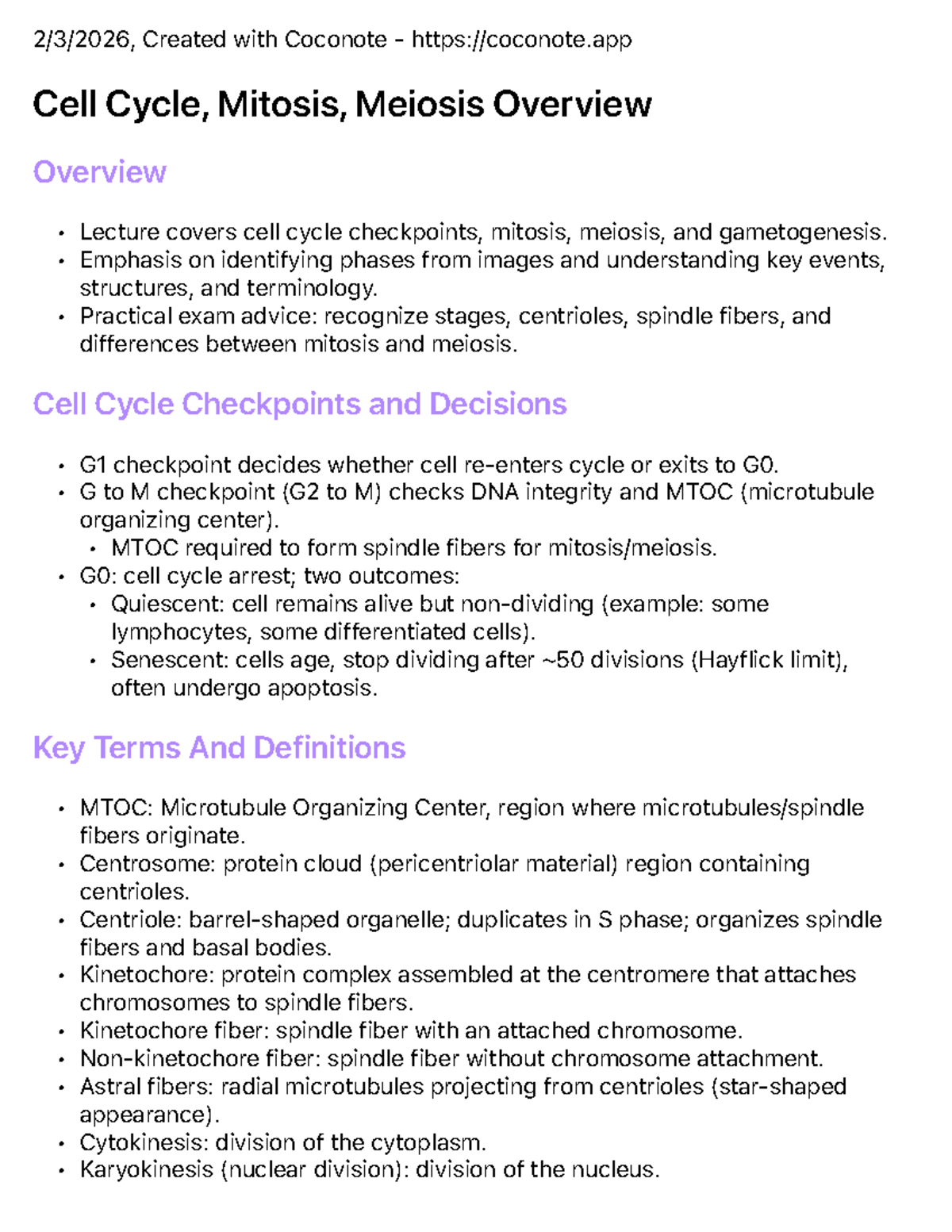 Cell Cycle, Mitosis, Meiosis Overview Notes (BIO 101) - Studocu