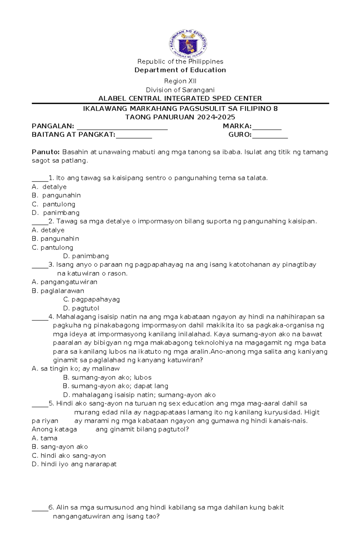 Q2-EXAM G8 Filipino - Multiple Choice Questions and Answers - Studocu