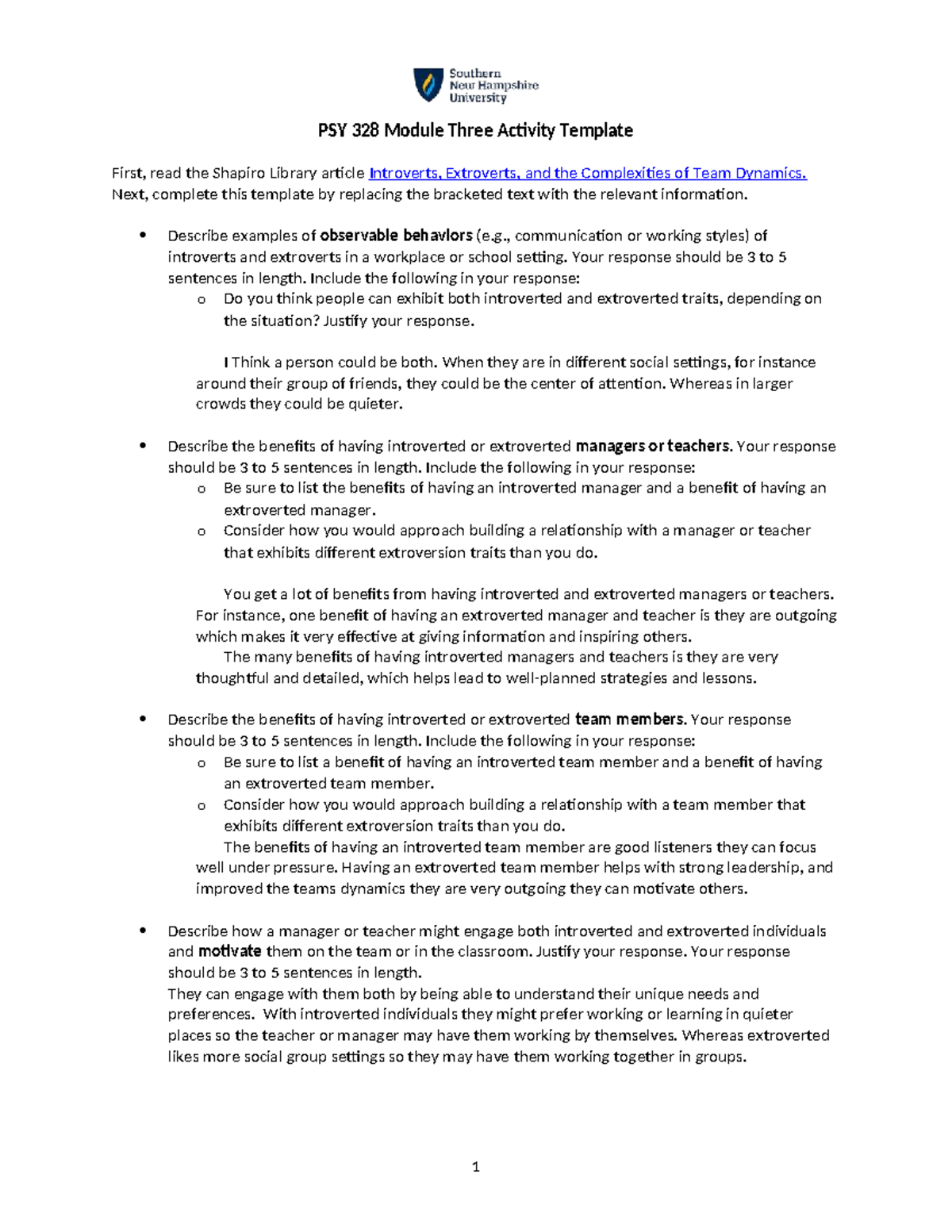 PSY 328 Module Three Activity: Introverts, Extroverts & Team Dynamics - Studocu