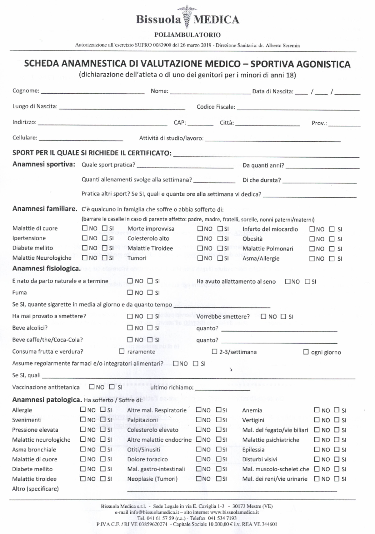 Scheda Anamnestica per Valutazione Medico Sportiva Agonistica - Studocu