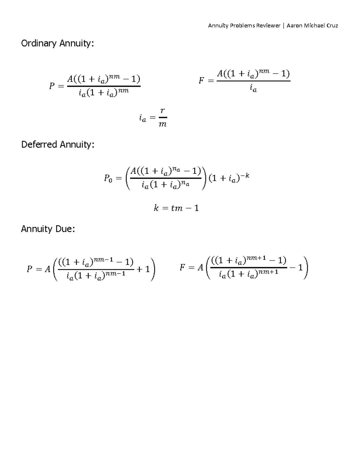 Annuity Problems Summary: Ordinary, Deferred, and Due Calculations - Studocu