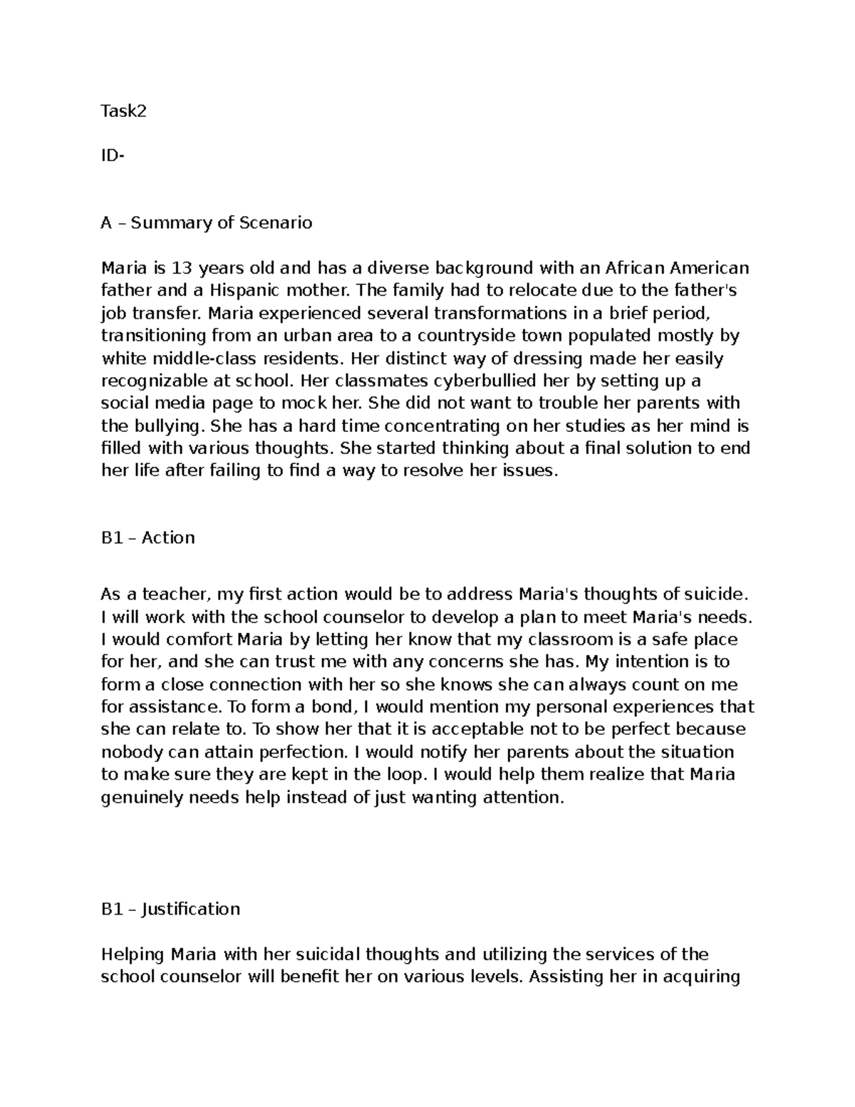 Task2 A - task 2 interview - Task ID- A – Summary of Scenario Maria is 13 years old and has a ...