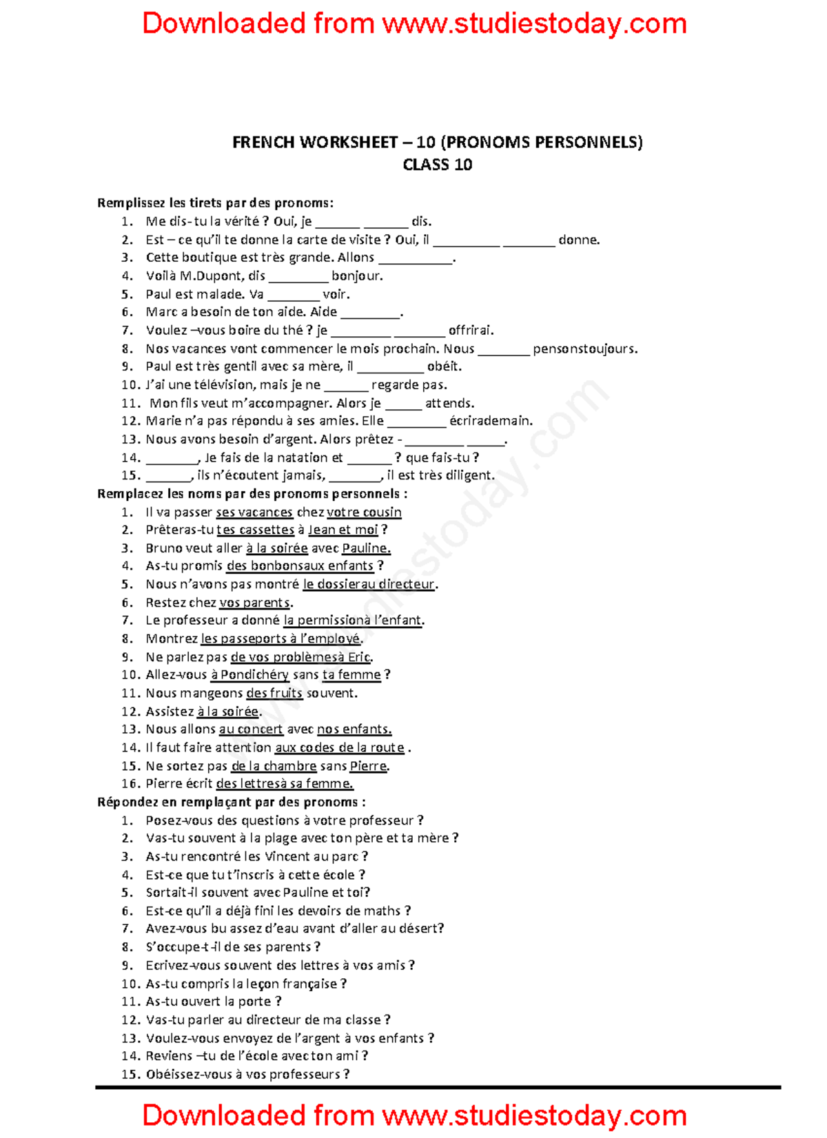 CBSE Class 10 French Assignment - Pronominaux et Usage - Studocu