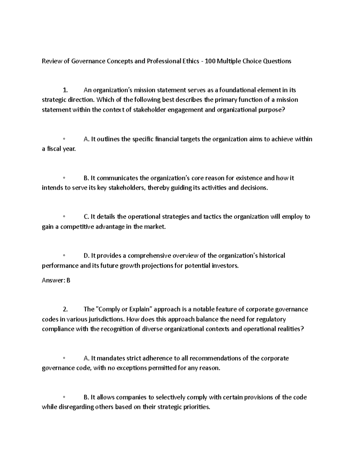 Governance Concepts & Ethics: 100 MCQs for Exam Prep - Studocu