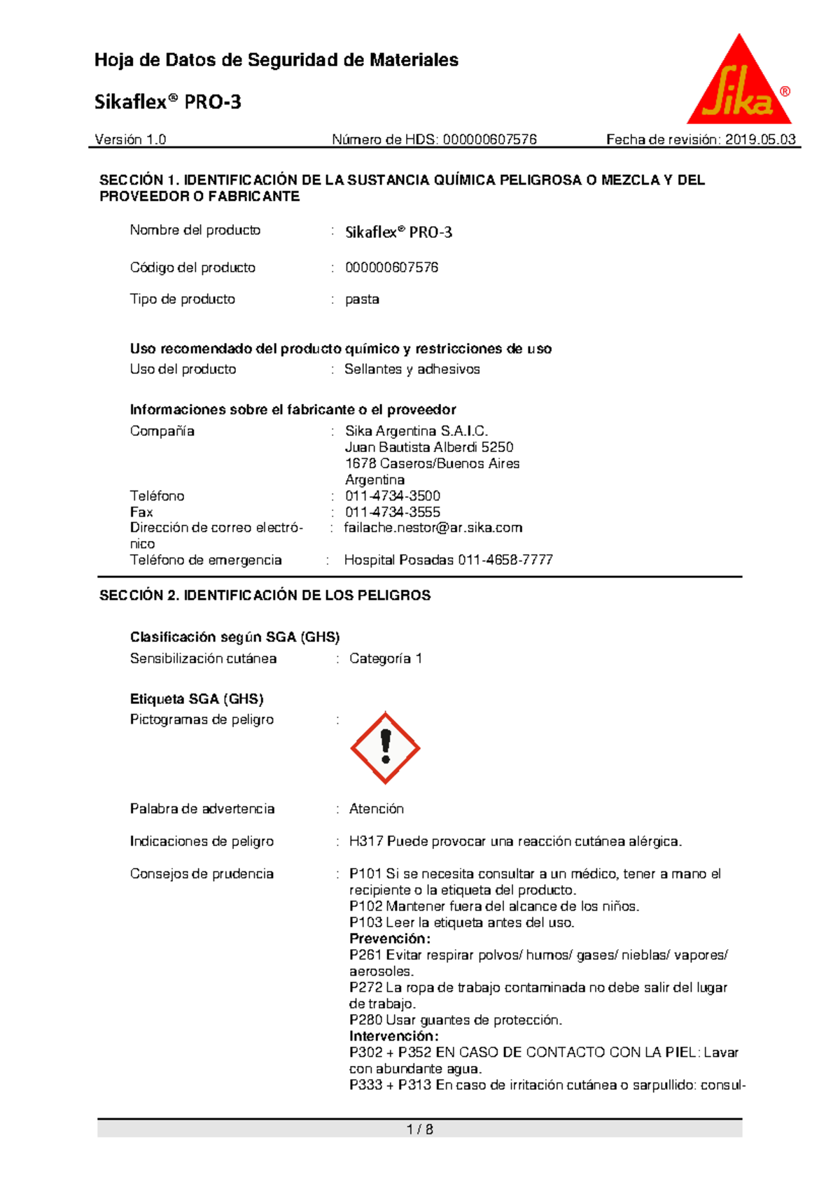 MSDS 000000607576 - Seguridad y Composición de Sikaflex PRO 3 - Studocu