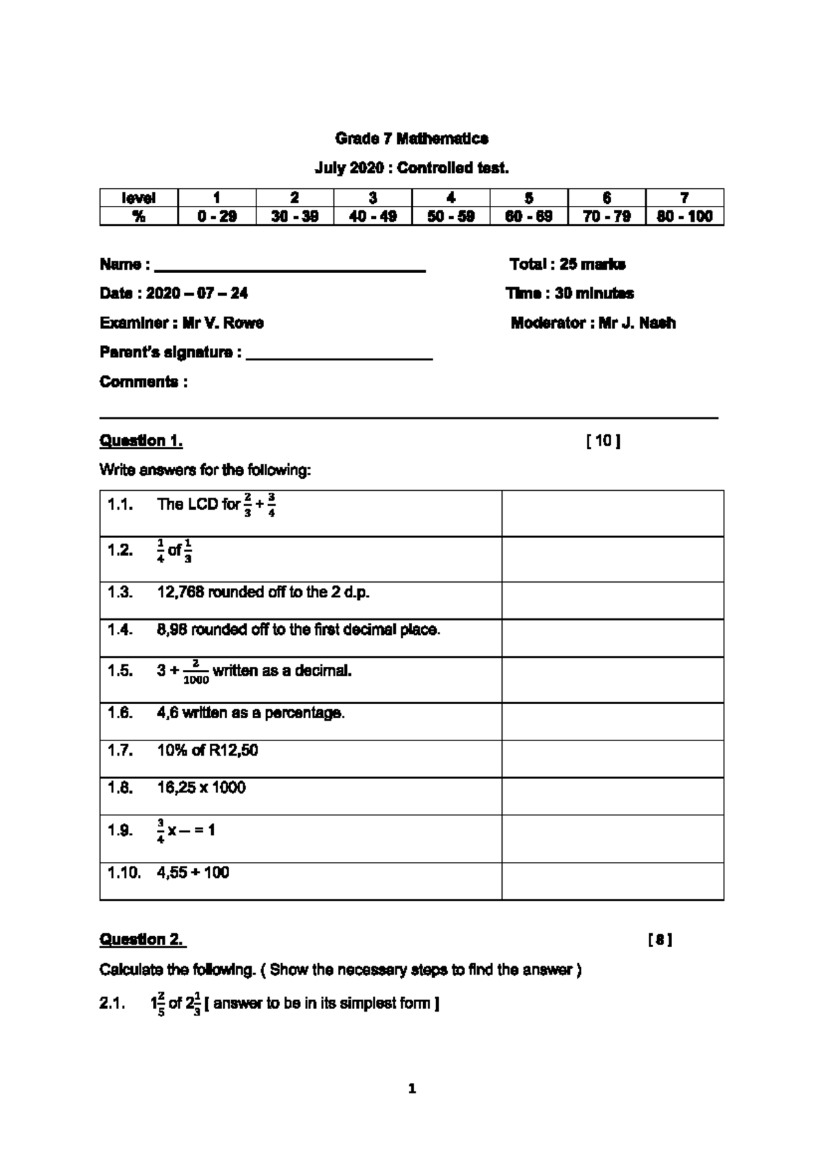 Grade 7 Math Test: Square Roots & Exponents Recap - July 2020 - Studocu